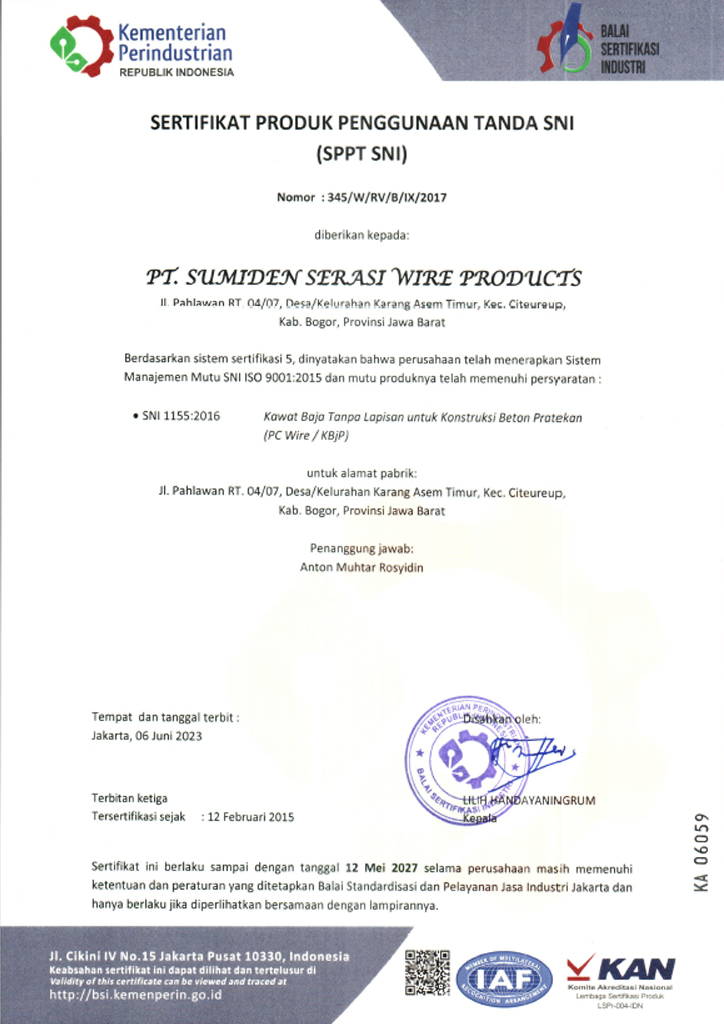 Cerificates | Sumiden Serasi Wire Products | Sumiden Indonesia